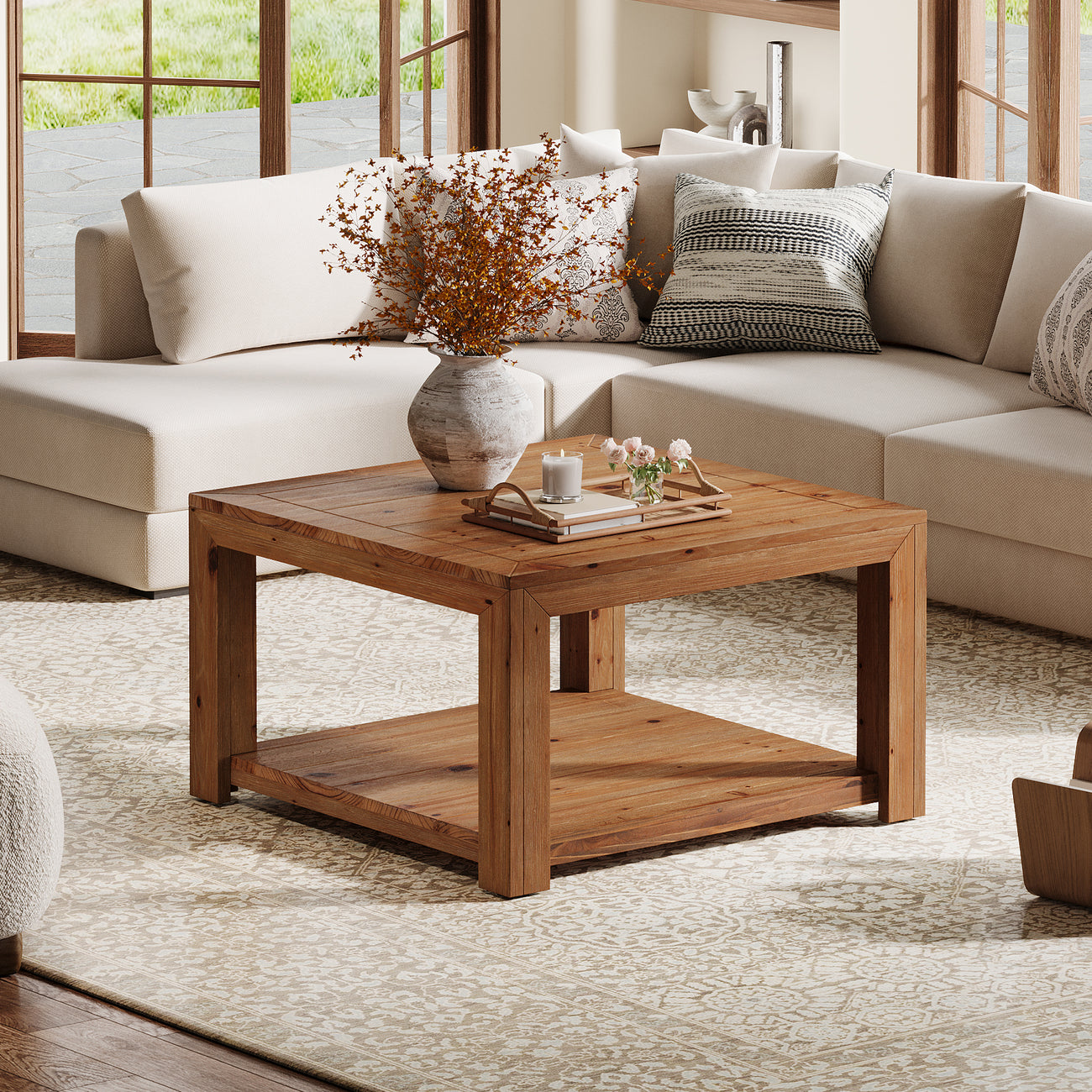 31.5" Solid Wood Coffee Table, Square Center Table with 2-Tier Shelf ...