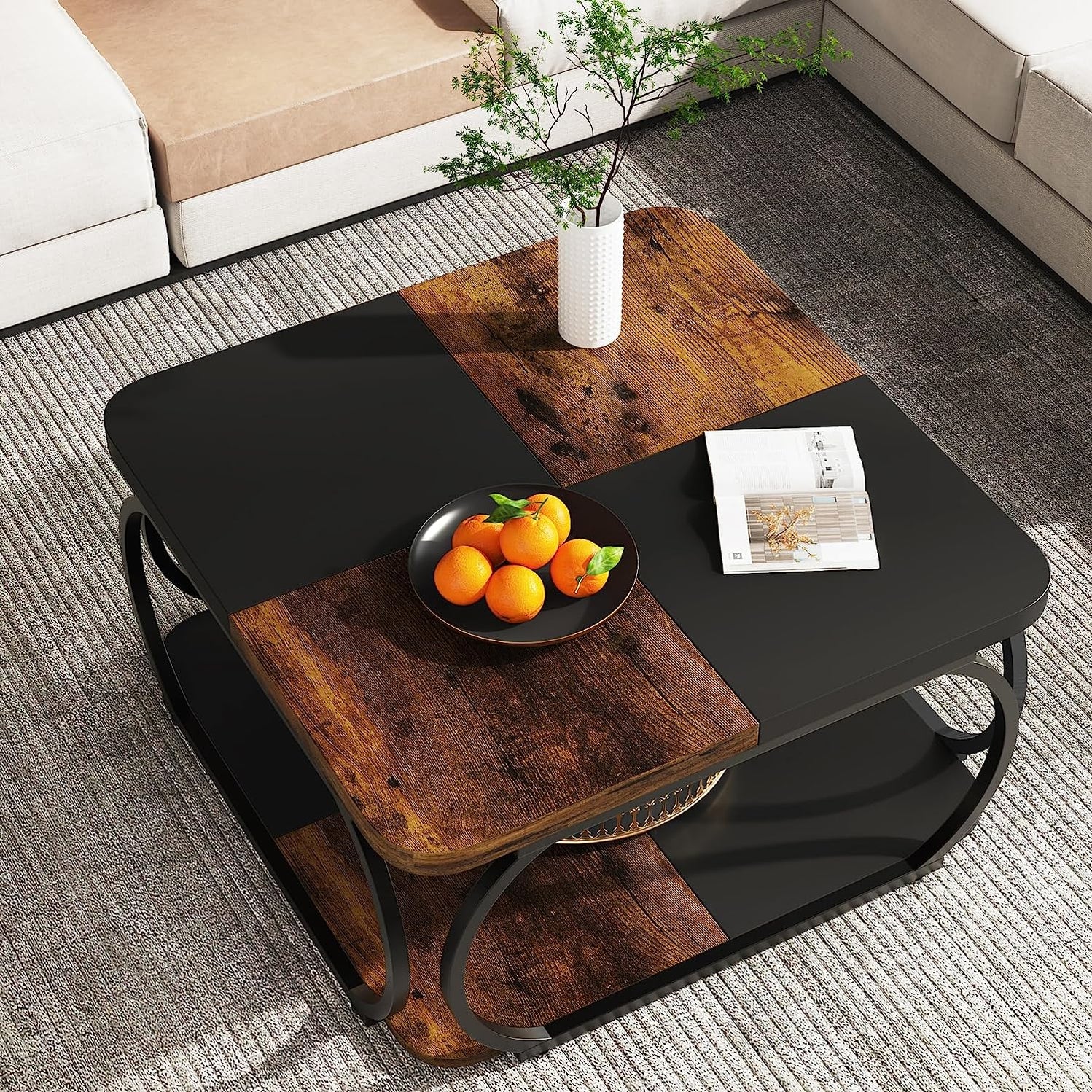Tribesigns Coffee Table, 39" Square Cocktail Table with 2-Tier Shelves
