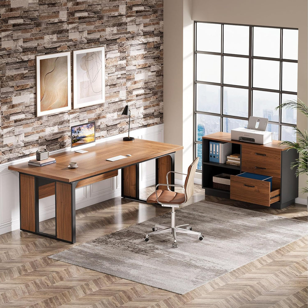 63" Computer Executive Desk with Privacy Panel & Metal Frame-Tribesigns