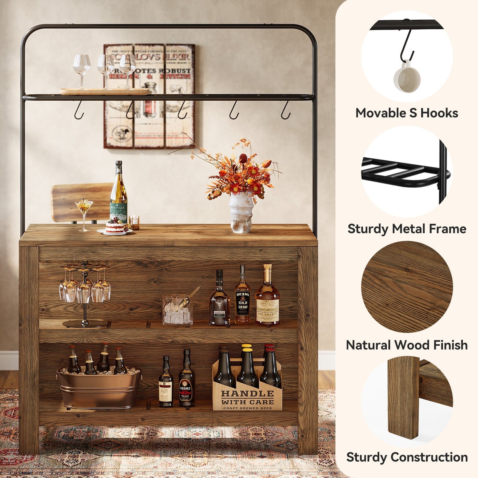 47" Solid Wood Bar Table, 3-Tier Home Bar Unit with Shelves & 5 Hooks ...