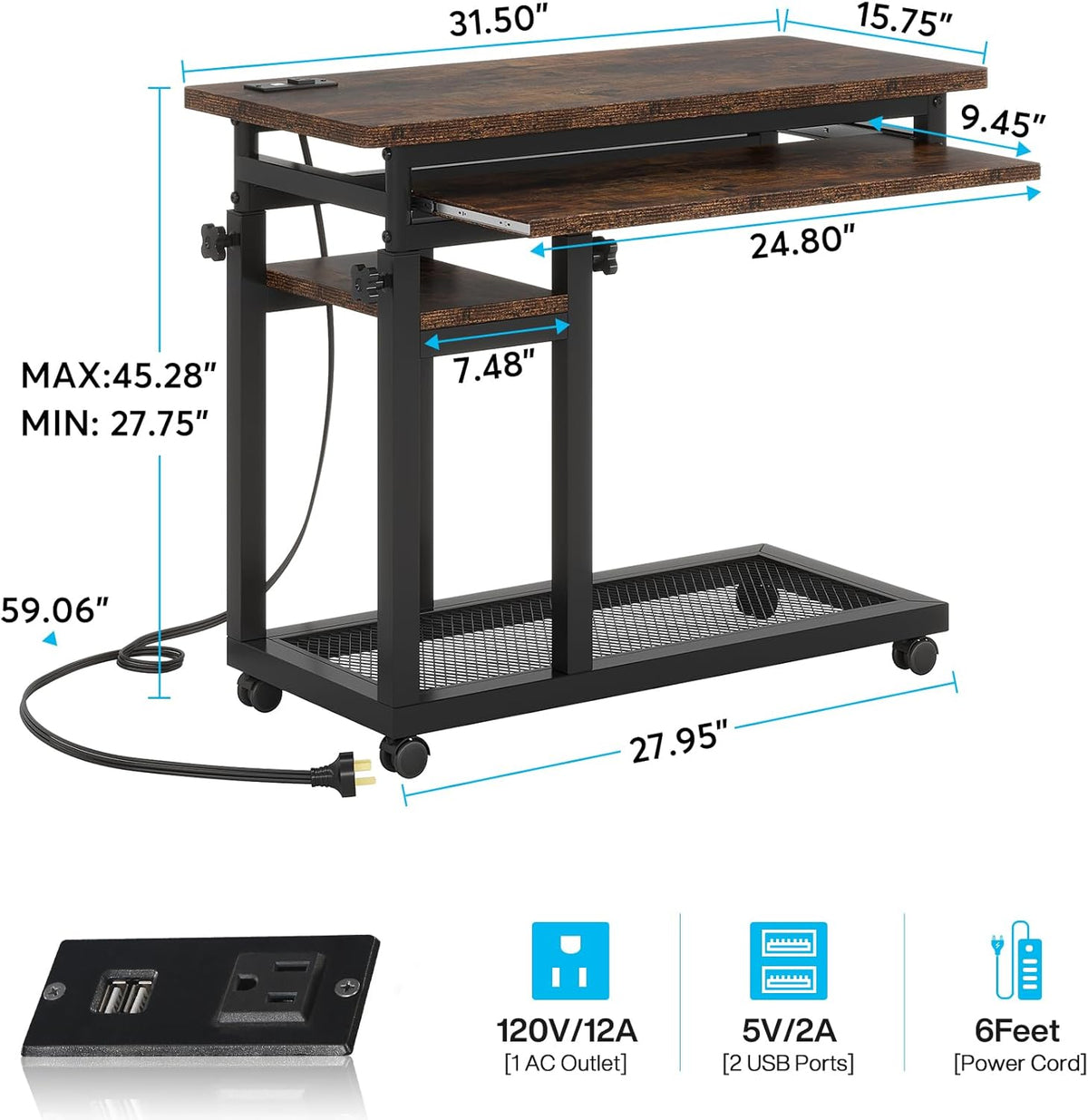 Mobile C Table With Electrical Outlet, Portable Side Table-Tribesigns