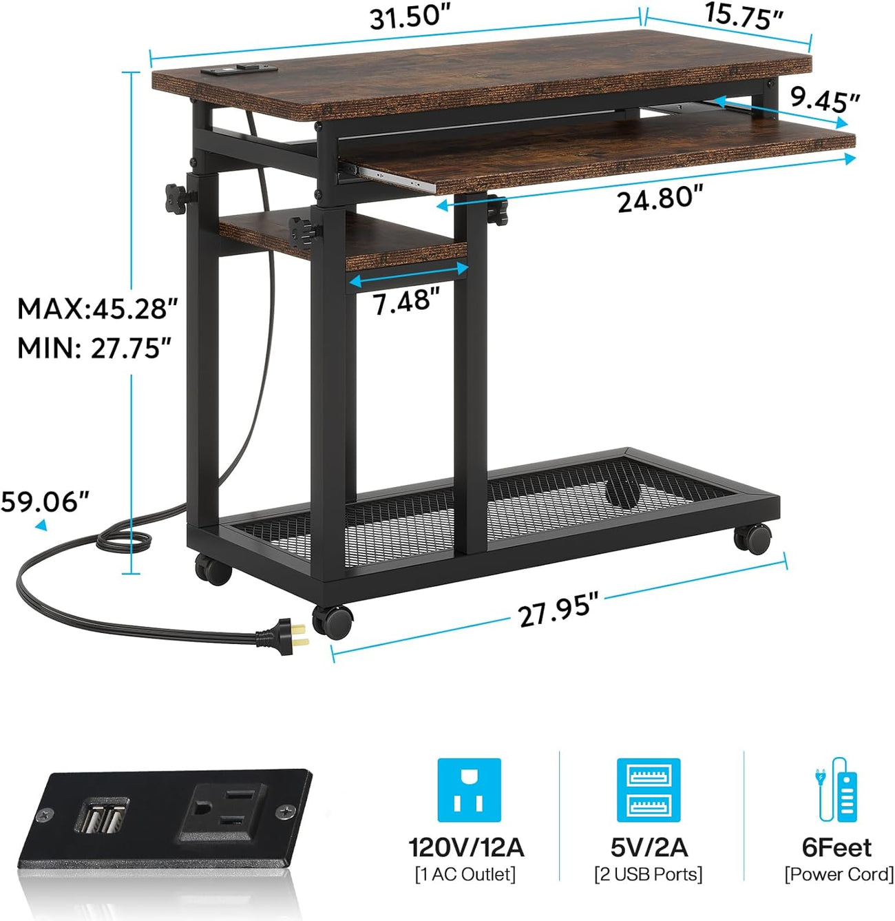 Mobile C Table With Electrical Outlet, Portable Side Table-Tribesigns