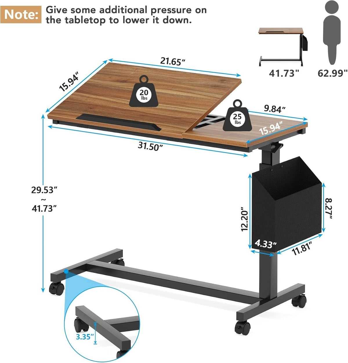 Adjustable C Table, Side Table With Wheels-Tribesigns
