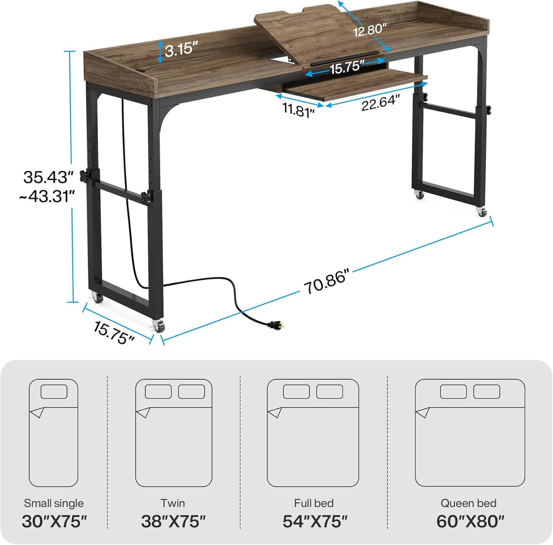 Overbed Table with Wheels, Adjustable Bed Table Over Bed-Tribesigns