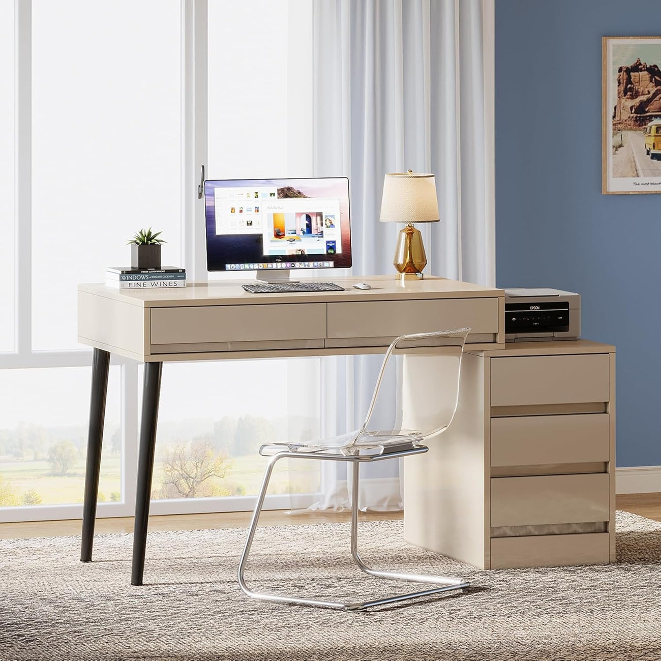 Tribesigns Modern Computer Desk Writing Table with 5 Storage Drawers ...