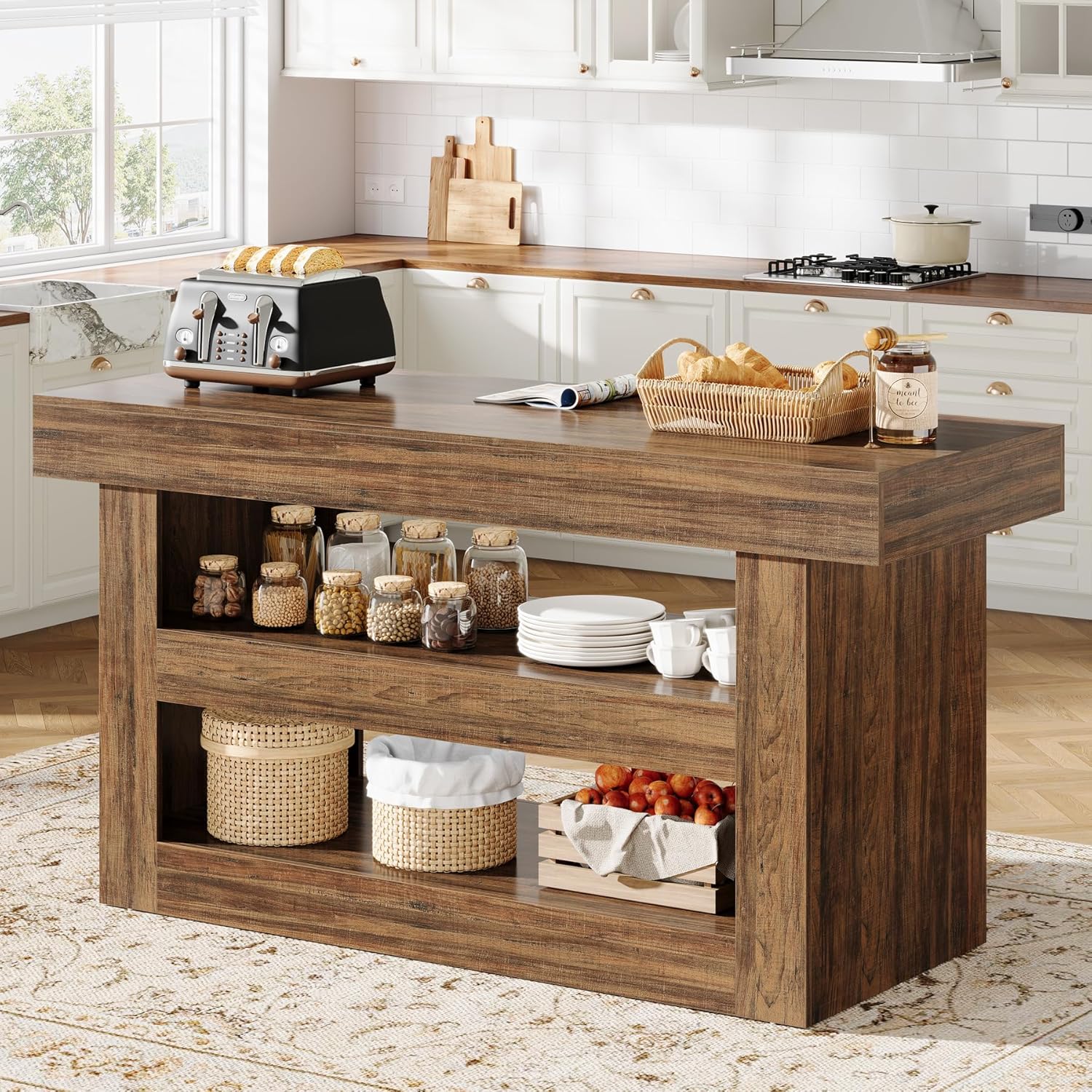 55" Kitchen Island, Farmhouse 3-Tier Island Table with Countertop ...