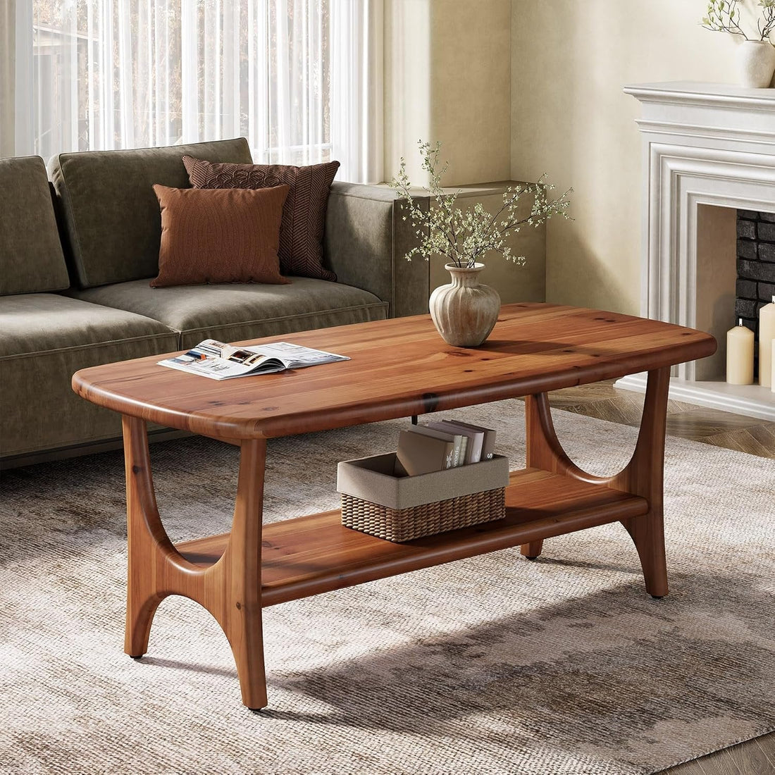 2-Tier Solid Wood Coffee Table, 47.24” Rectangle Center Table-Tribesigns