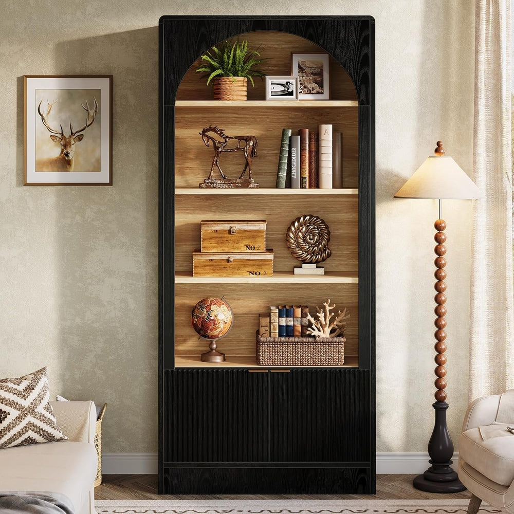 71" Tall Bookcase, 5-Tier Arched Bookshelf with Storage Cabinet-Tribesigns