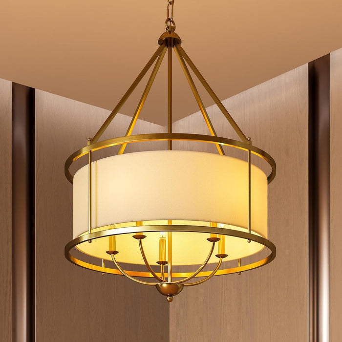 5-Light Chandelier, 24" Drum Fabric Pendant Light, Height-Adjustable ...