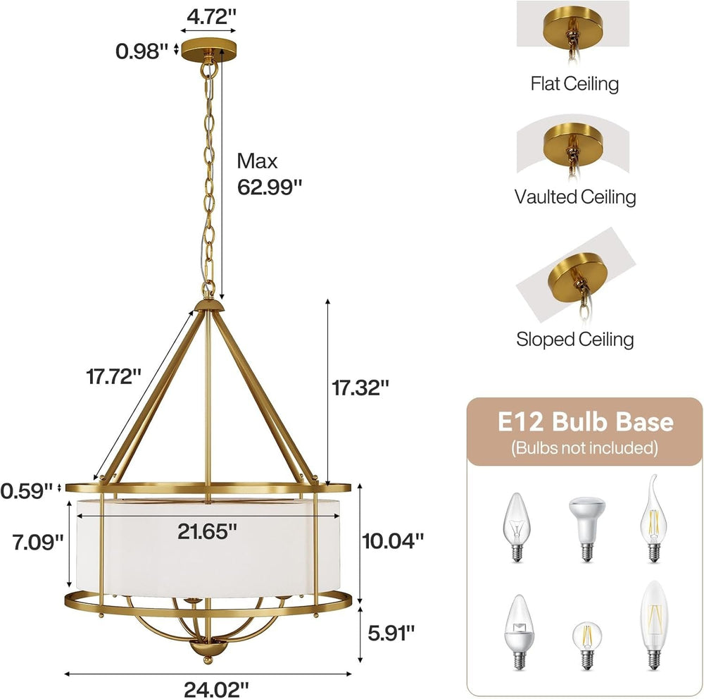 5-Light Chandelier, 24" Drum Fabric Pendant Light, Height-Adjustable ...