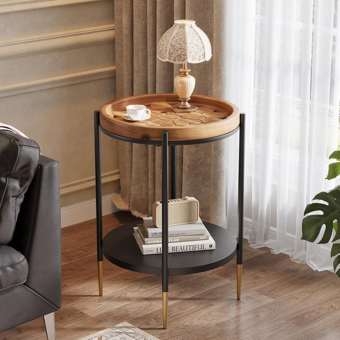 Round Side Table, 2-Tier End Table with Solid Wood Tabletop-Tribesigns