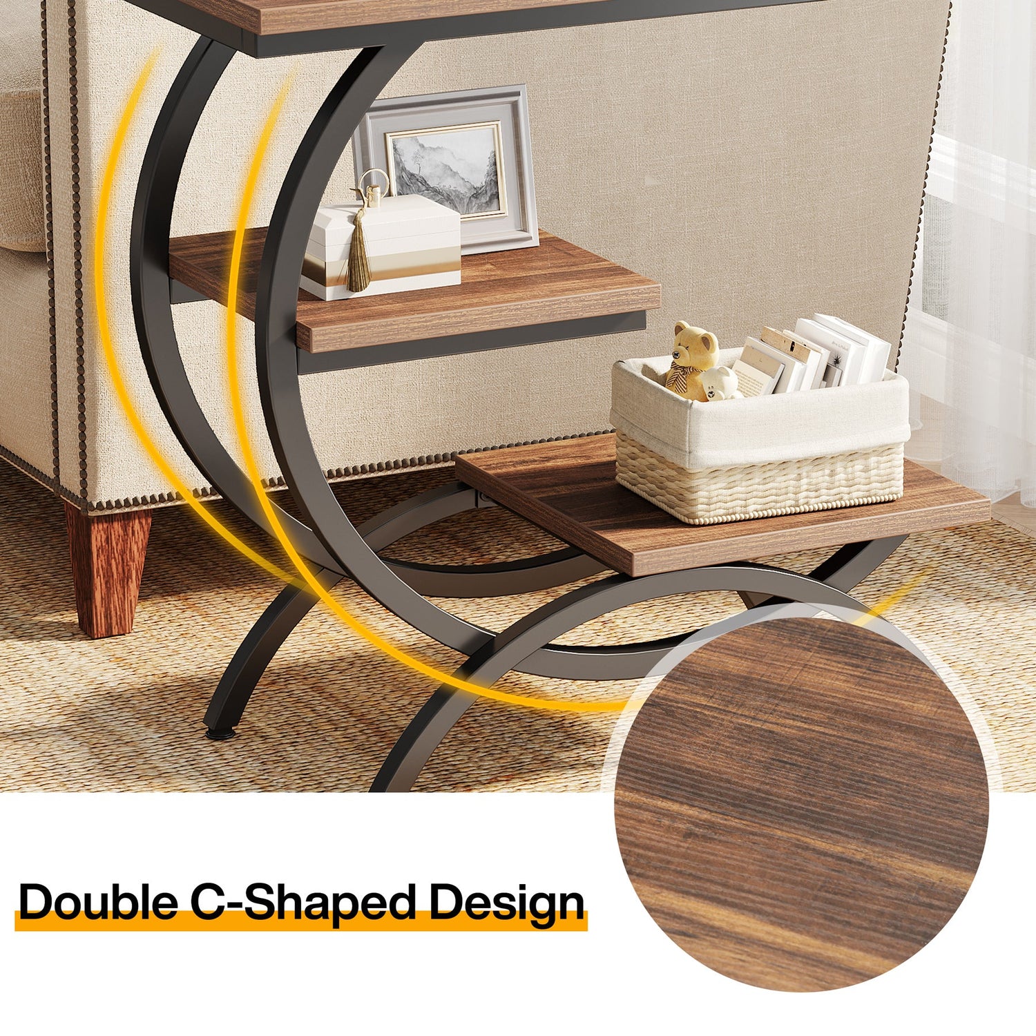 Tribesigns C-Shaped End Table, Industrial 3-Tier Side Table-Tribesigns
