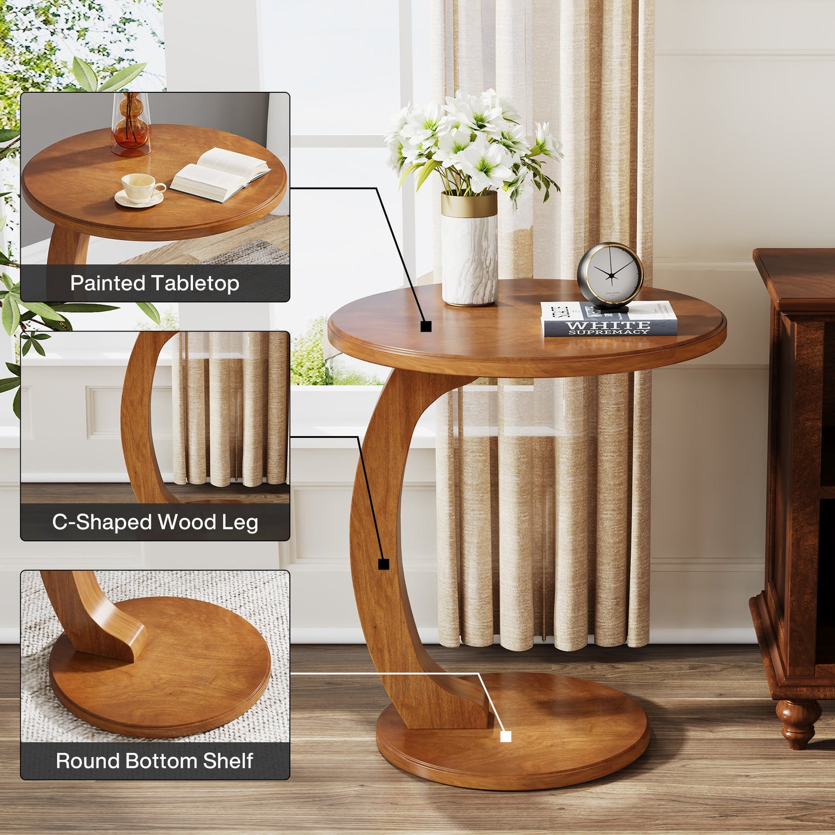 Tribesigns C-Shaped End Table, Round Wood Side Table for Living Room ...