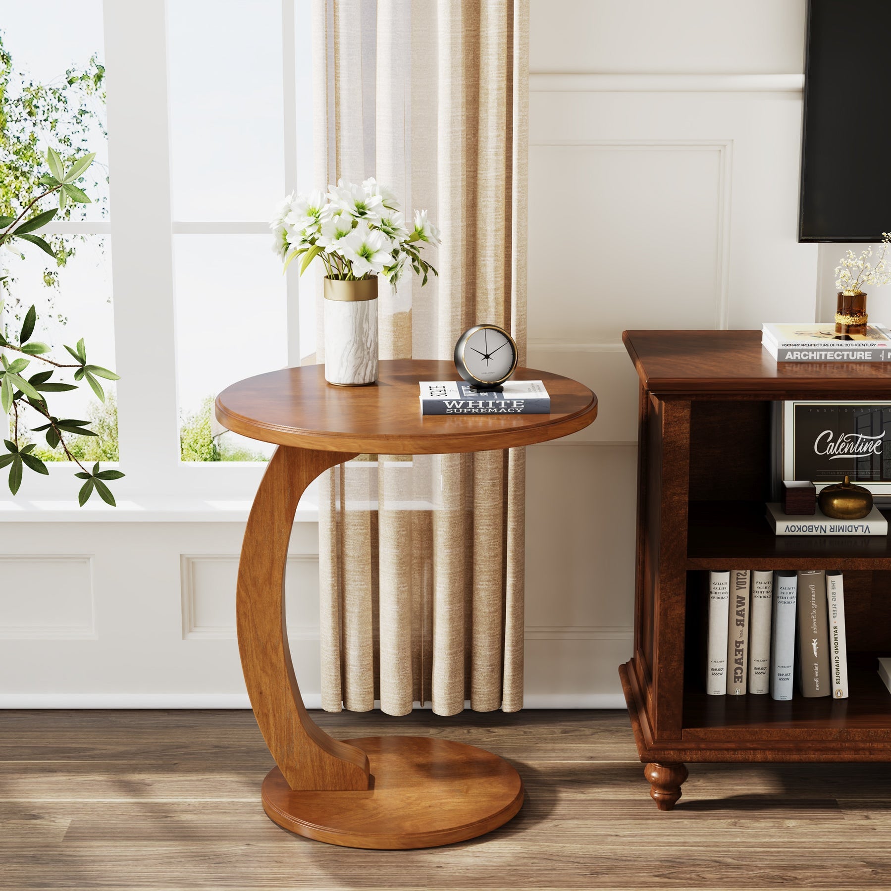 Tribesigns C-Shaped End Table, Round Wood Side Table for Living Room