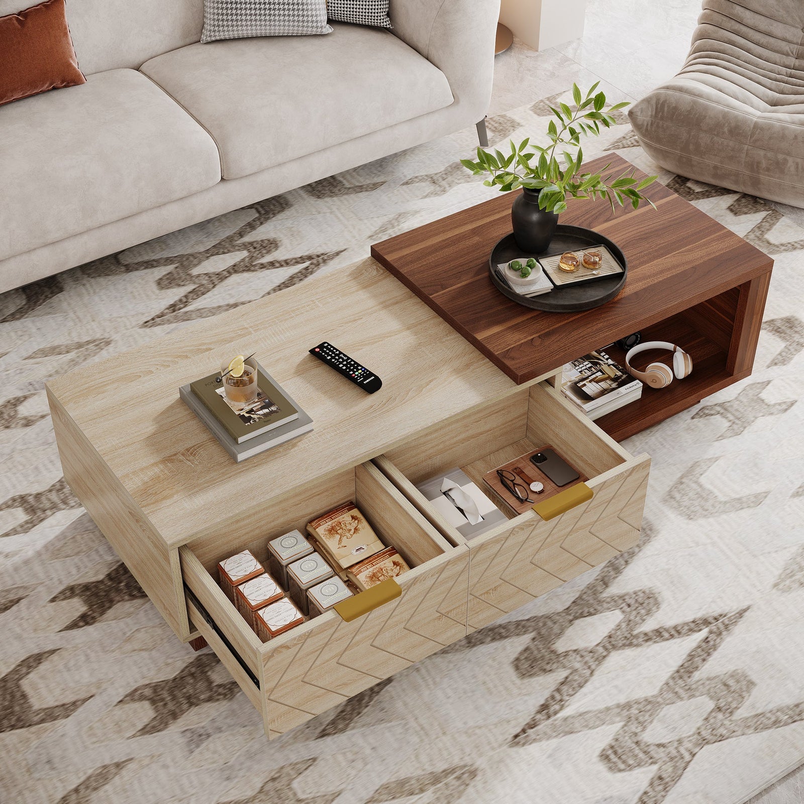 Tribesigns Extendable Coffee Table, Center Table with Storage Drawers ...