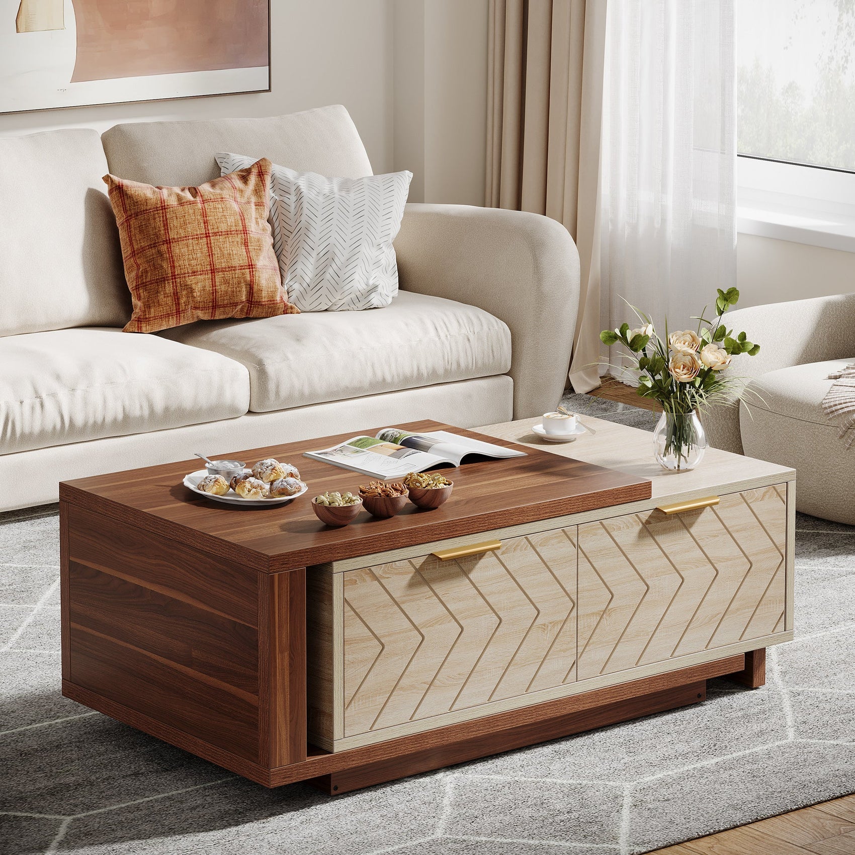 Tribesigns Extendable Coffee Table, Center Table with Storage Drawers ...