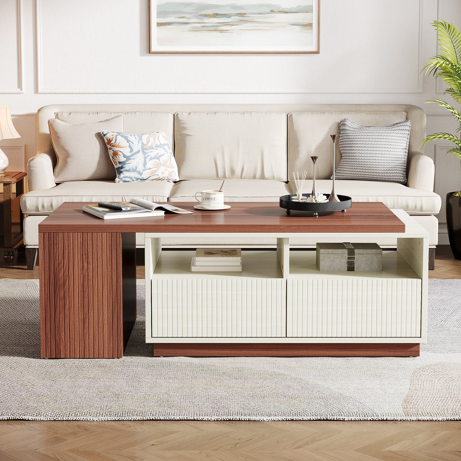 Tribesigns Extendable Coffee Table, Center Table with 2 Drawers-Tribesigns