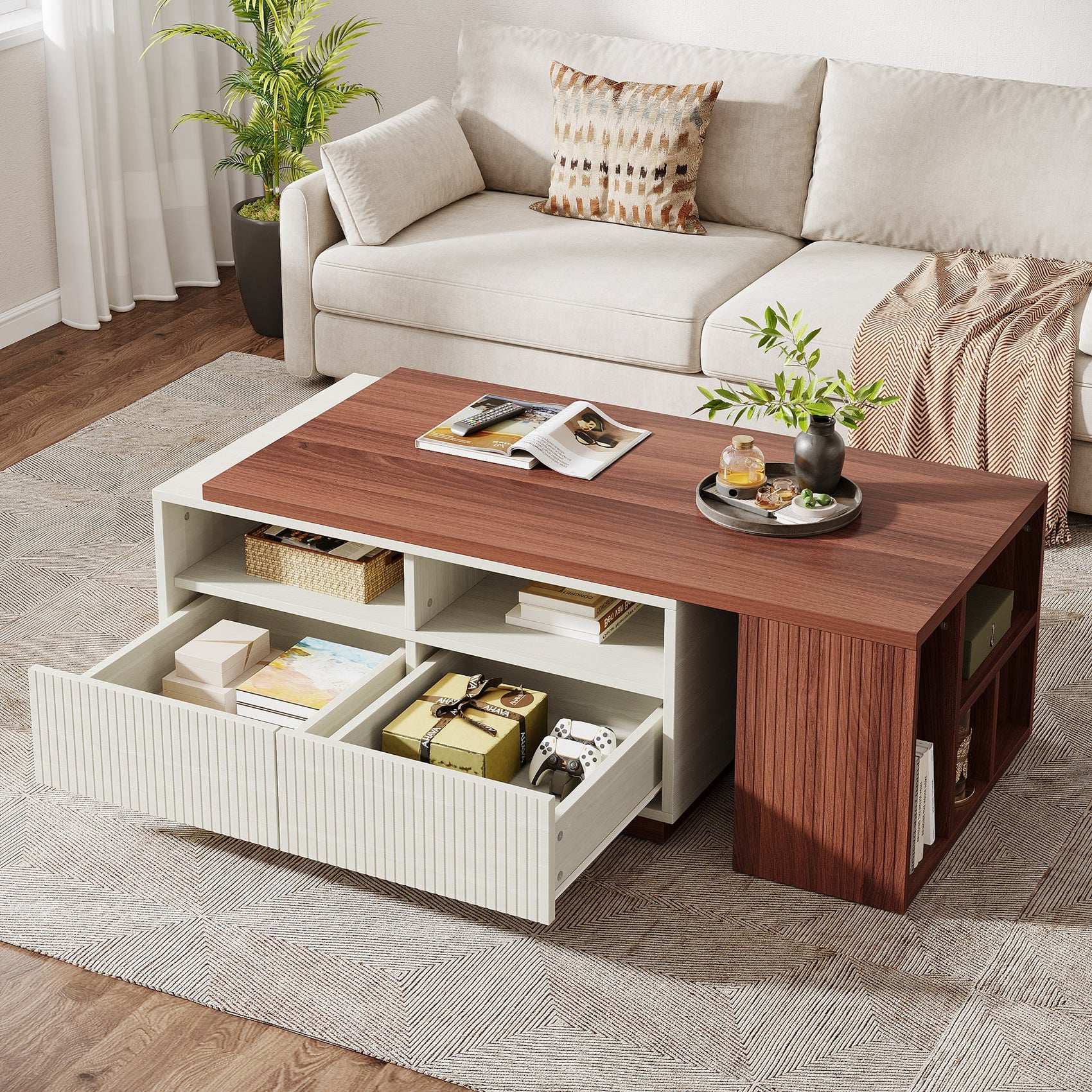 Tribesigns Extendable Coffee Table, Center Table with 2 Drawers-Tribesigns