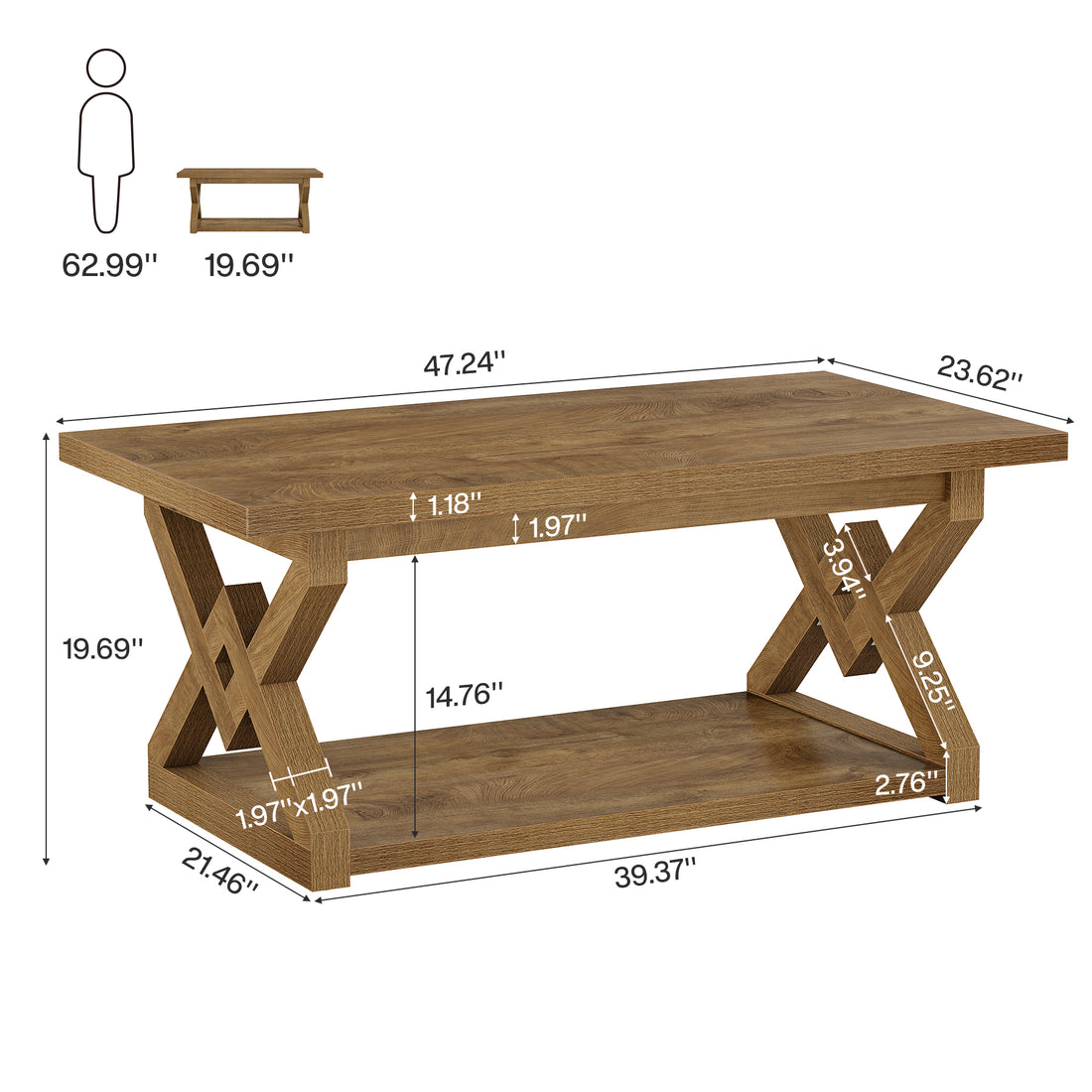 2-Tier Coffee Table, 47.24" Rectangle Center Table with Open Shelves ...