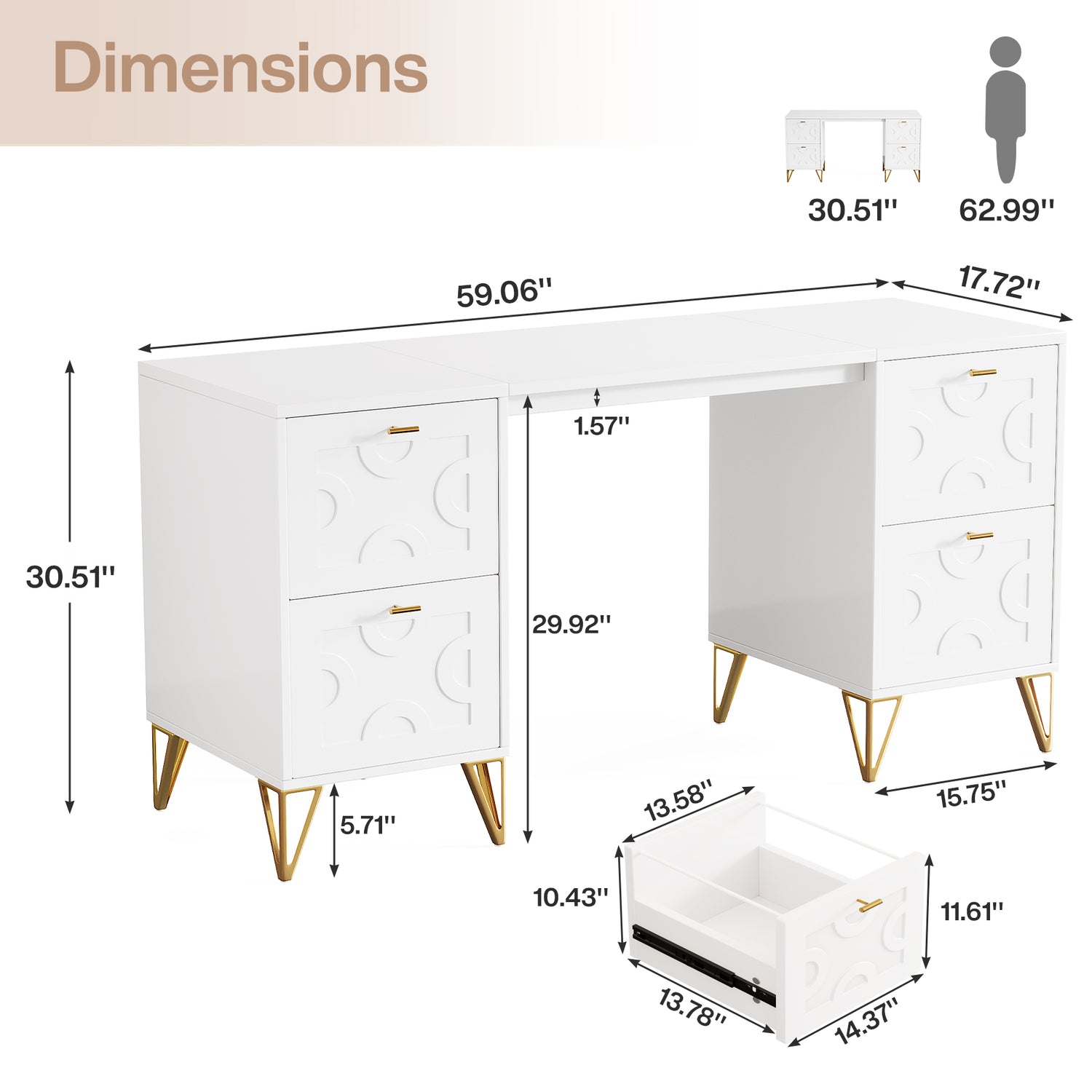 Tribesigns 59" White Executive Desk with File Drawers, Computer Desk ...