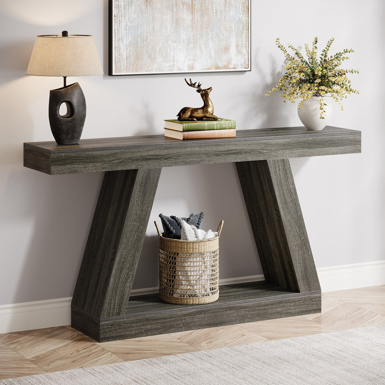 Sofa Table with Storage, 55" Farmhouse Couch Table-Tribesigns