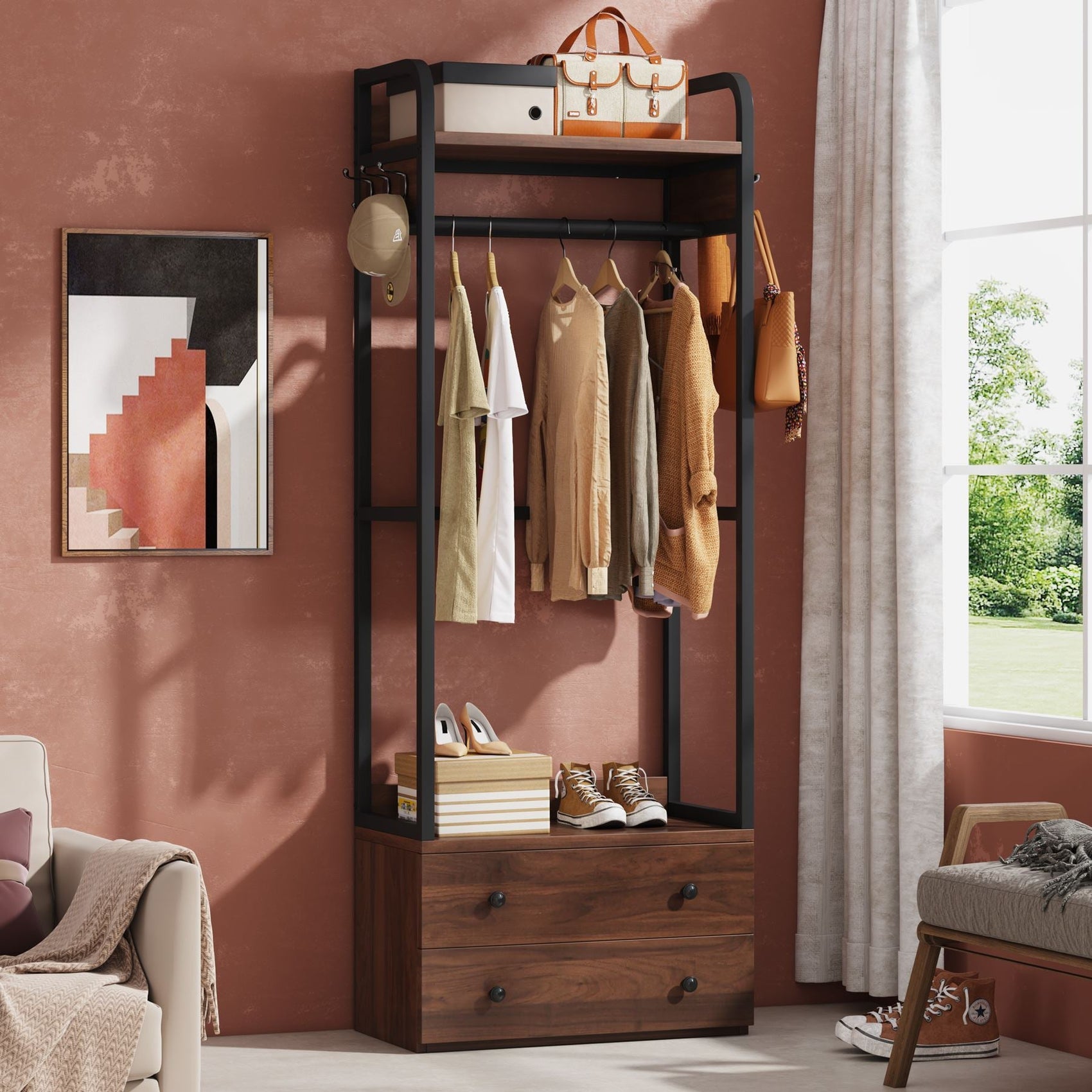 Freestanding Closet Rack, Stand Alone Closet with Drawers-Tribesigns