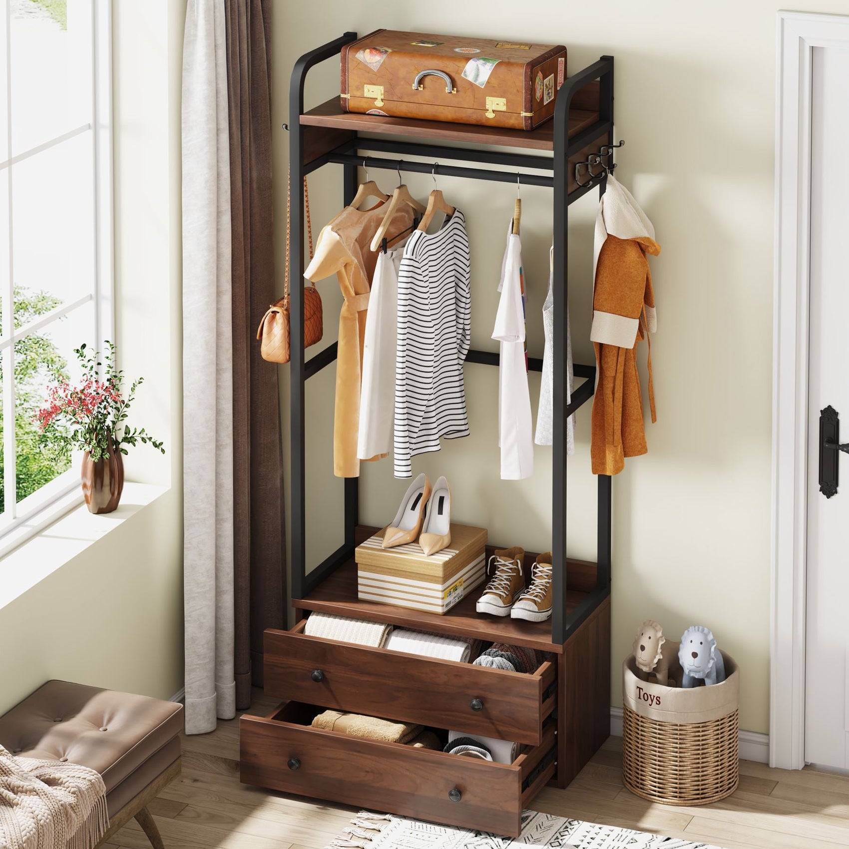 Freestanding Closet Rack, Stand Alone Closet with Drawers-Tribesigns