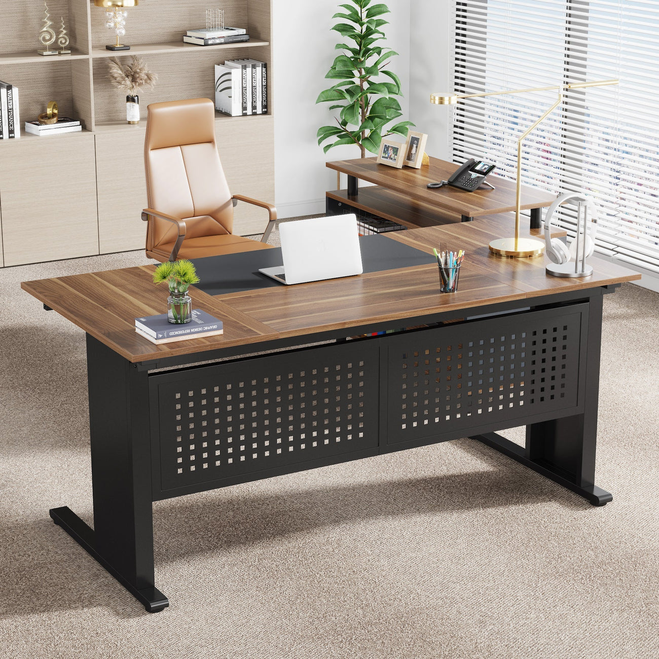 Industrial L-Shaped Desk, 63" Desk with File Cabinet-Tribesigns