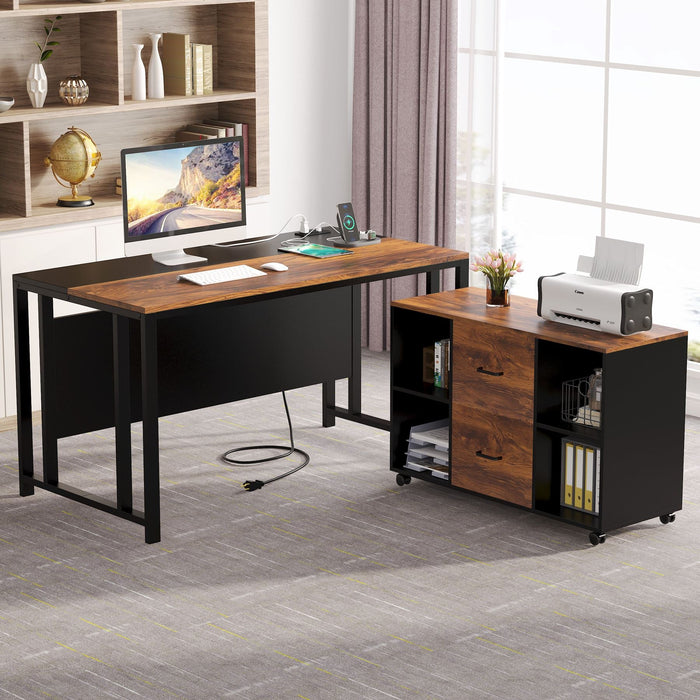 Tribesigns 55'' L-Shaped Desk with File Cabinet & Power Outlet-Tribesigns