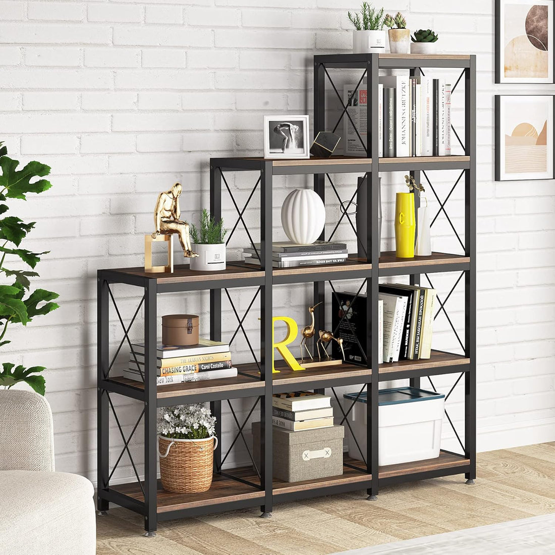 Tribesigns L-Shaped Ladder 9 Cubes Bookshelf, 12 Shelves Industrial ...