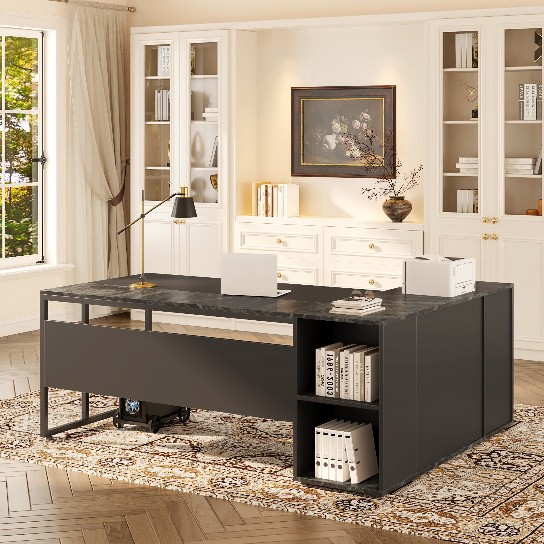 71 Inch Desk, L-shaped Executive Desk with Shelves & Cabinet-Tribesigns