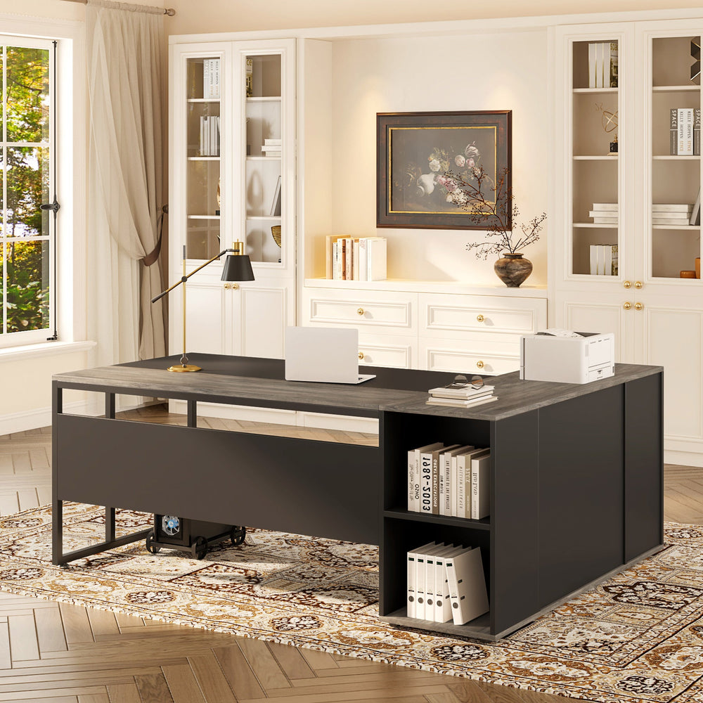 71 Inch Desk, L-shaped Executive Desk with Shelves & Cabinet-Tribesigns