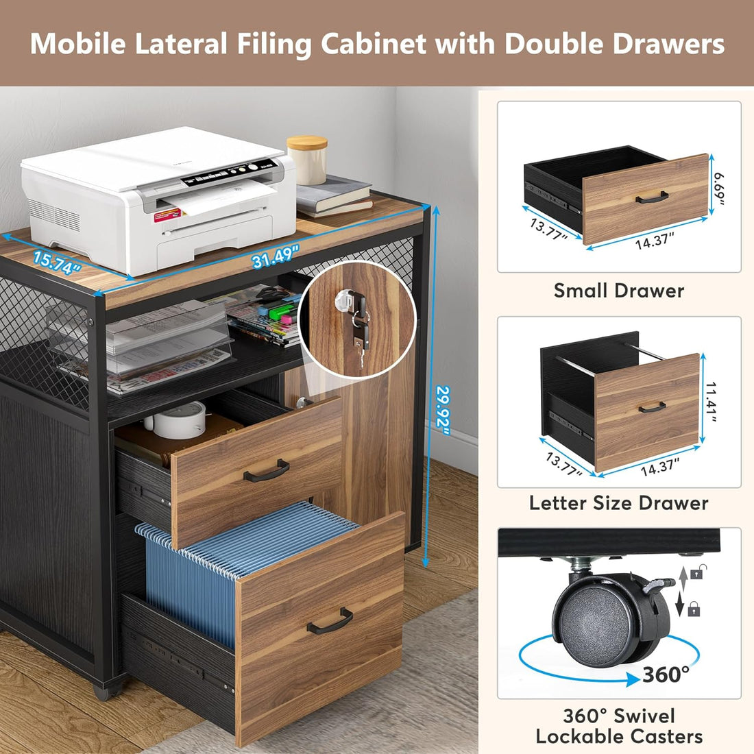 Tribesigns Lockable File Cabinet Printer Stand with Drawers & Caster ...