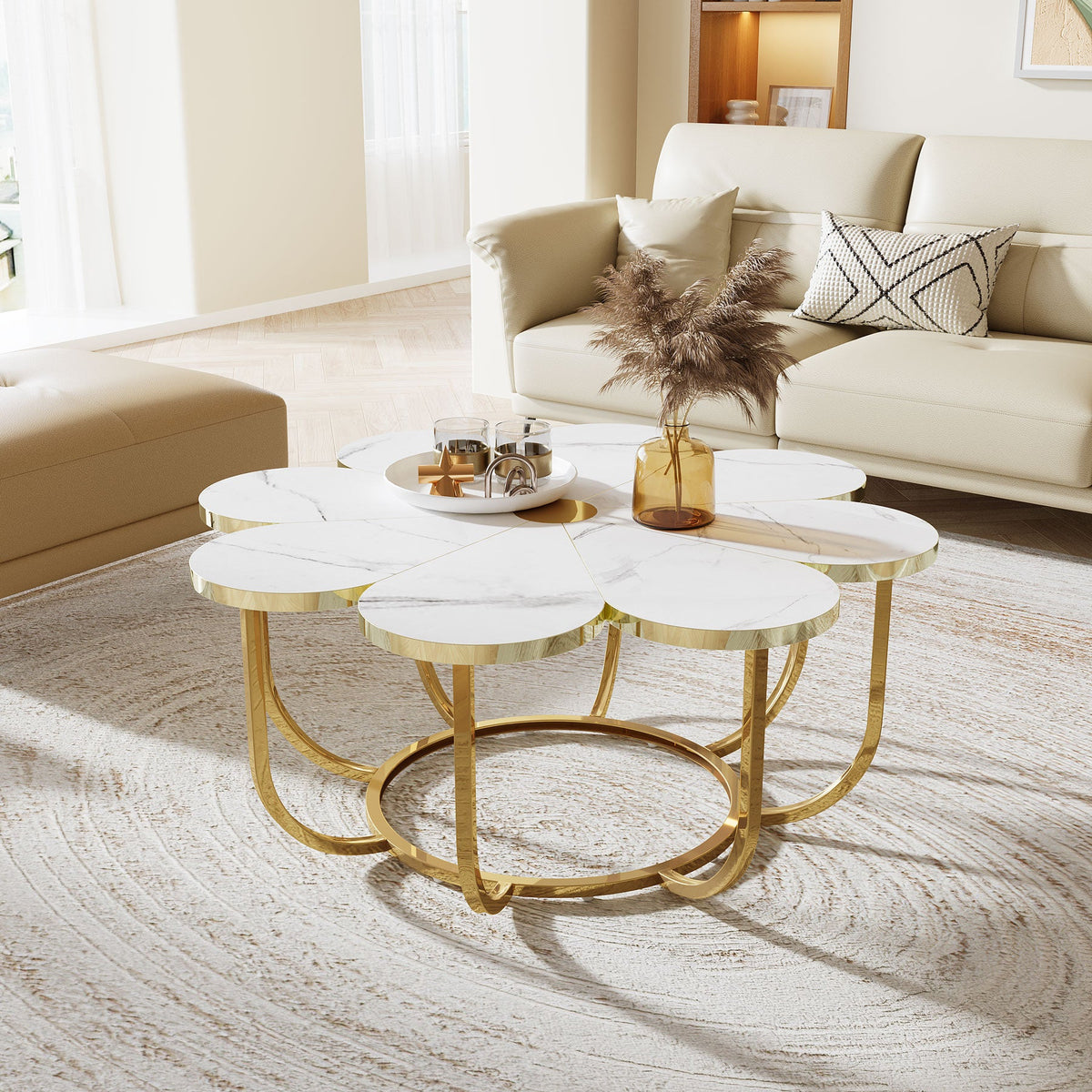 Modern Coffee Table, 39" White & Gold Flower Coffee Table-Tribesigns