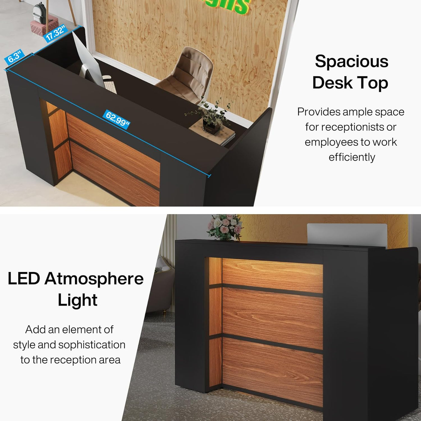 Modern Reception Desk with LED Lights, Front Desk Counter-Tribesigns
