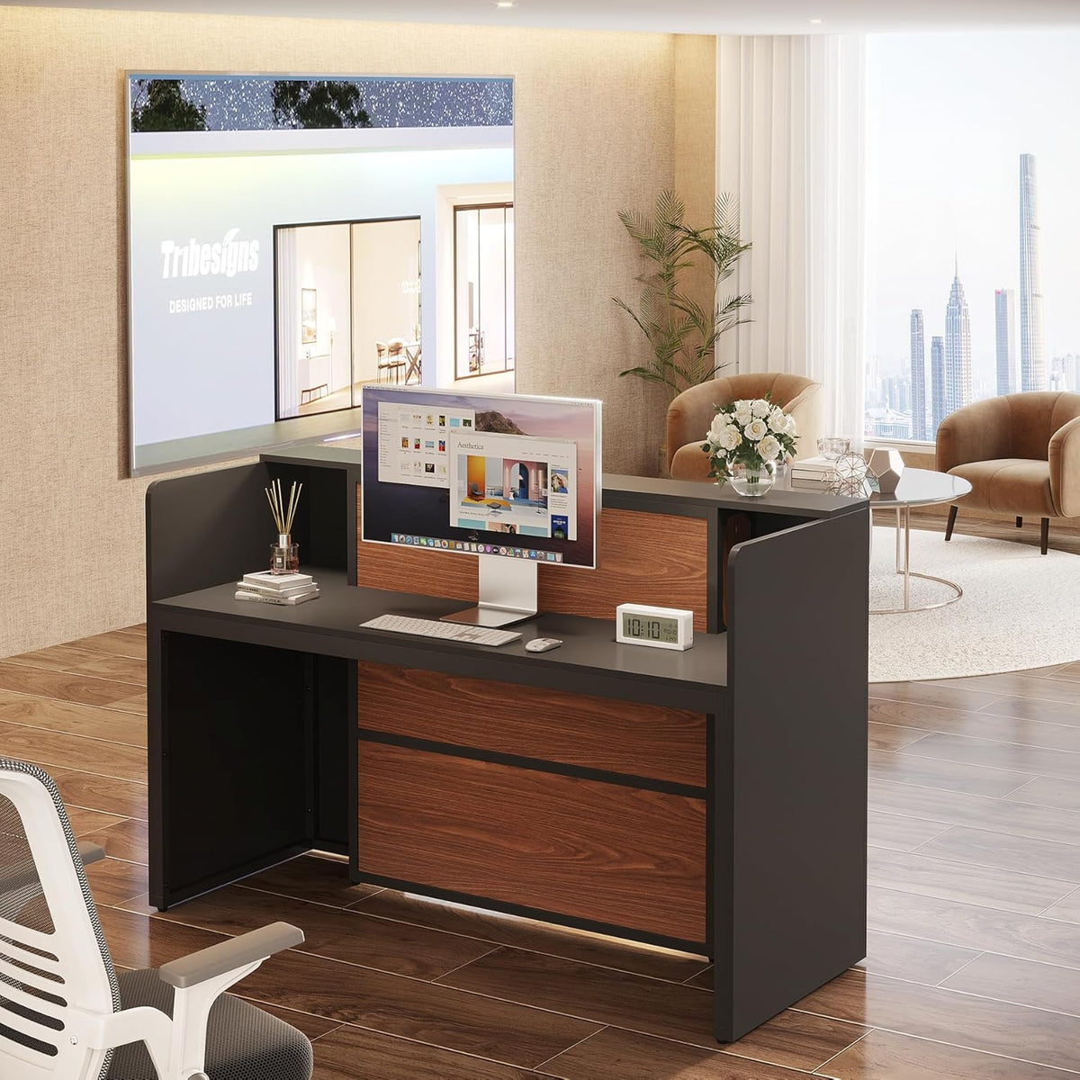 Modern Reception Desk with LED Lights, Front Desk Counter-Tribesigns
