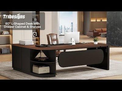 80 Inch Desk, L Shape Executive Desk With Drawers-Tribesigns
