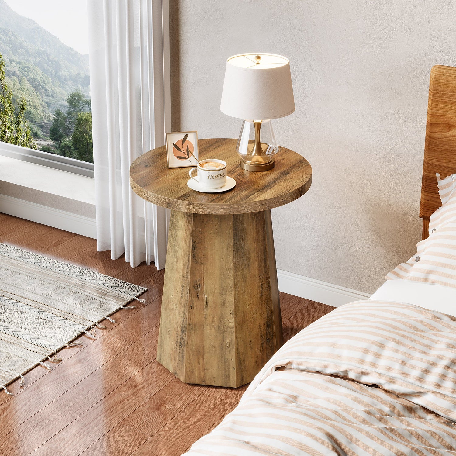 Tribesigns Round End Table Wooden Couch Side Table with Octagonal Base ...