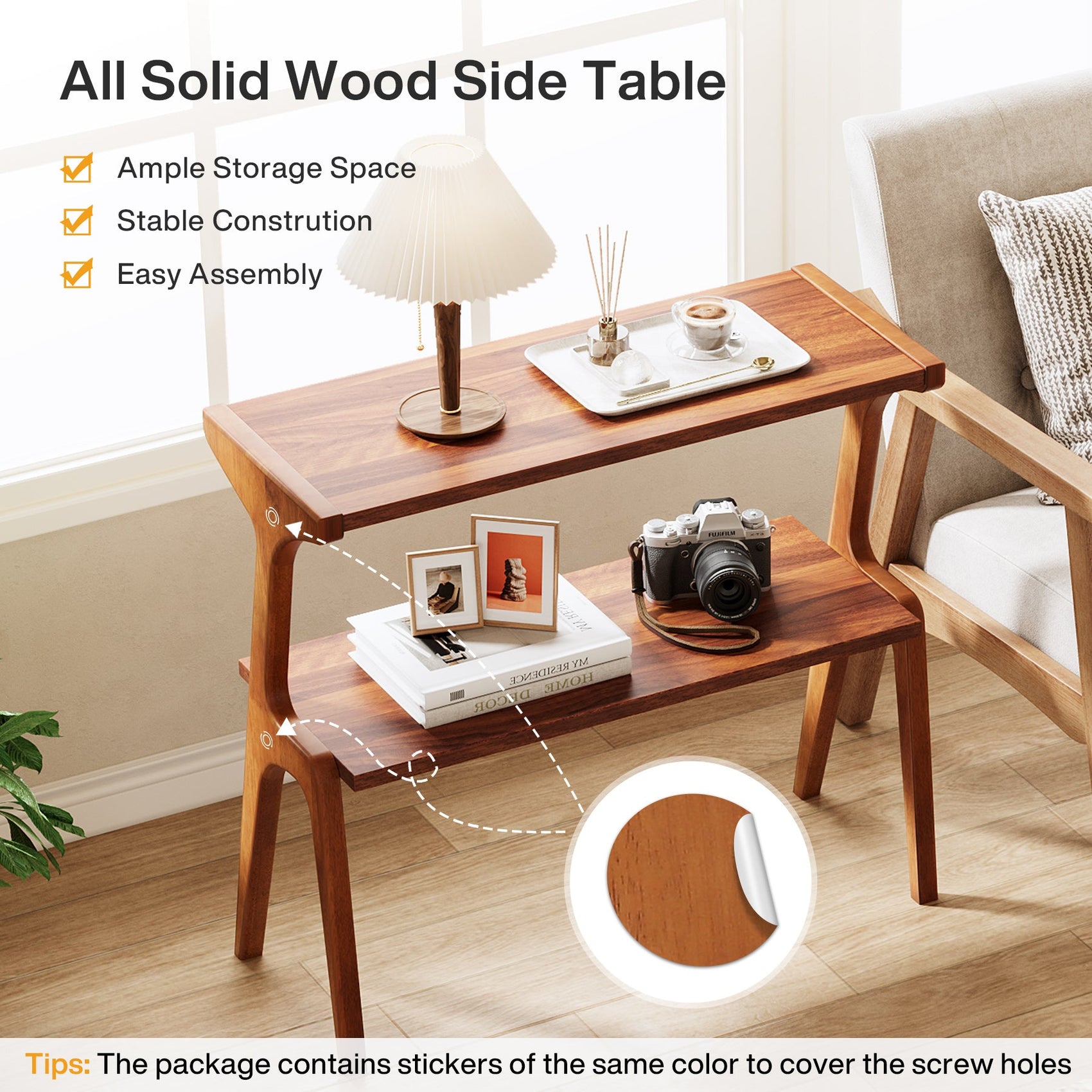 Solid Wood End Table, Two Tier Side Table with Shelf-Tribesigns