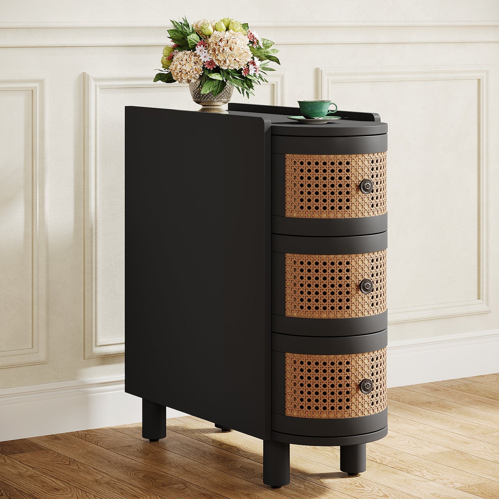 Tribesigns Wood End Table, 3-Drawer Side Table with 3 Rattan Drawers ...