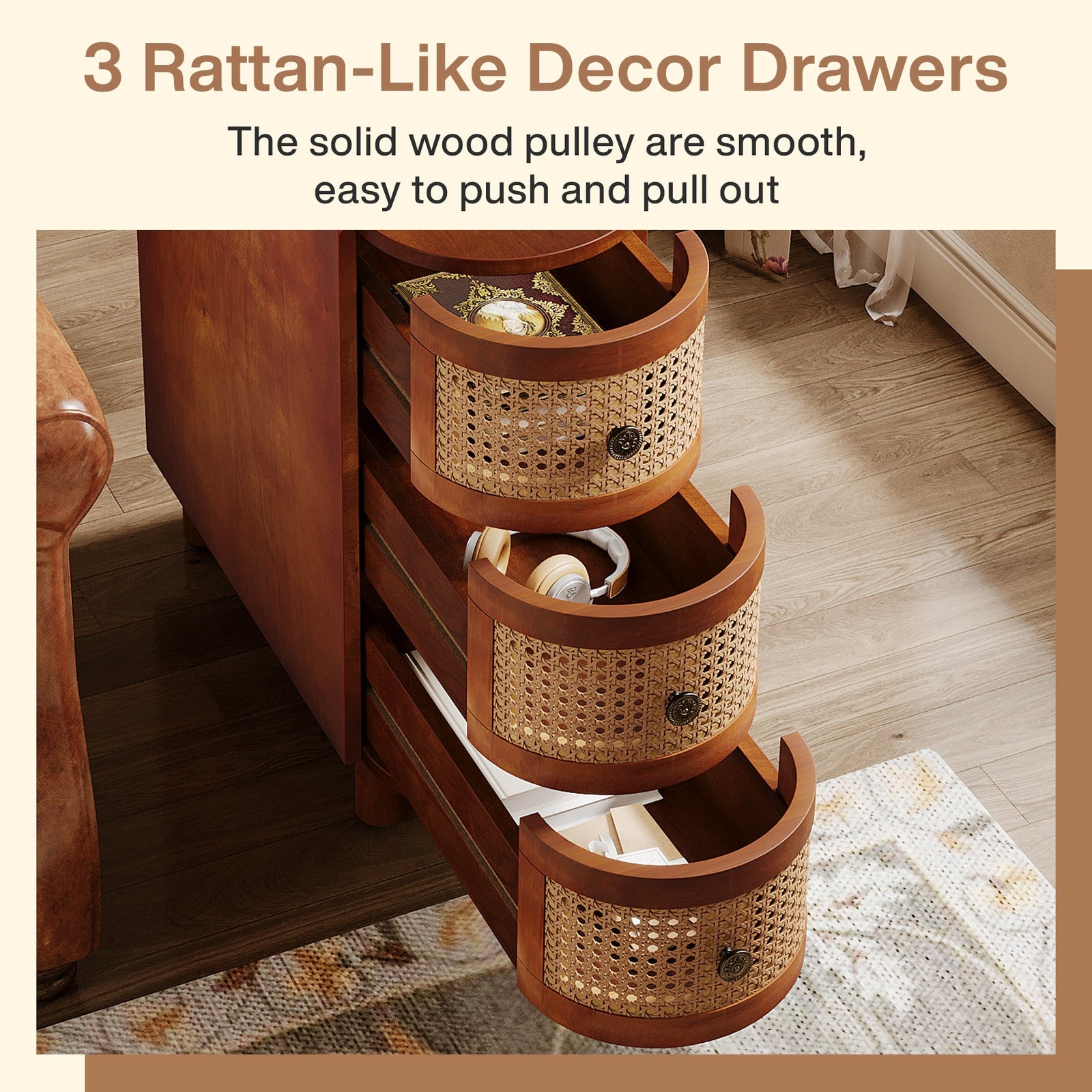 Tribesigns Wood End Table, 3-Drawer Side Table with 3 Rattan Drawers ...