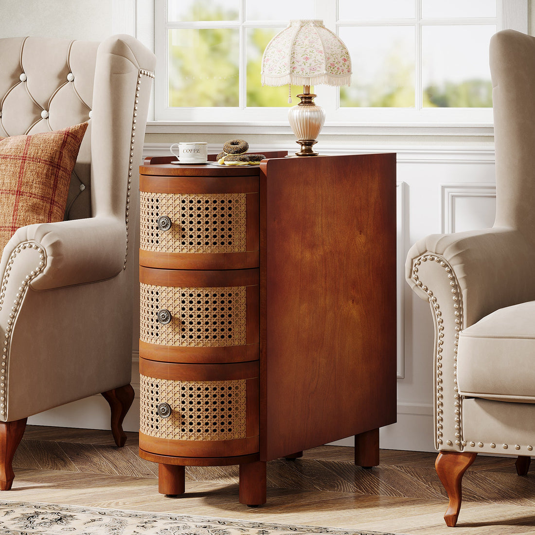 Tribesigns Wood End Table, 3-Drawer Side Table with 3 Rattan Drawers ...
