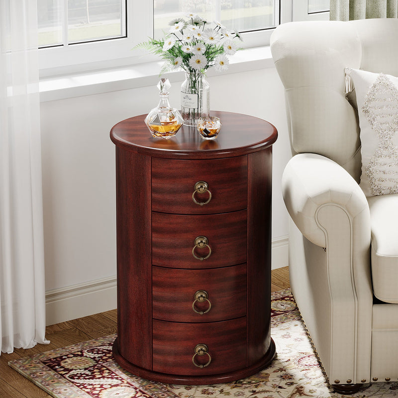 Tribesigns Solid Wood End Table, Round Side Table With 4 Drawers-Tribesigns