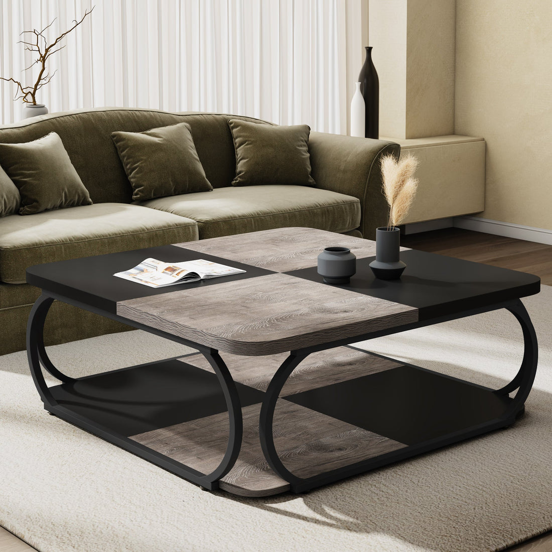 Tribesigns Coffee Table, 39" Square Cocktail Table with 2-Tier Shelves ...
