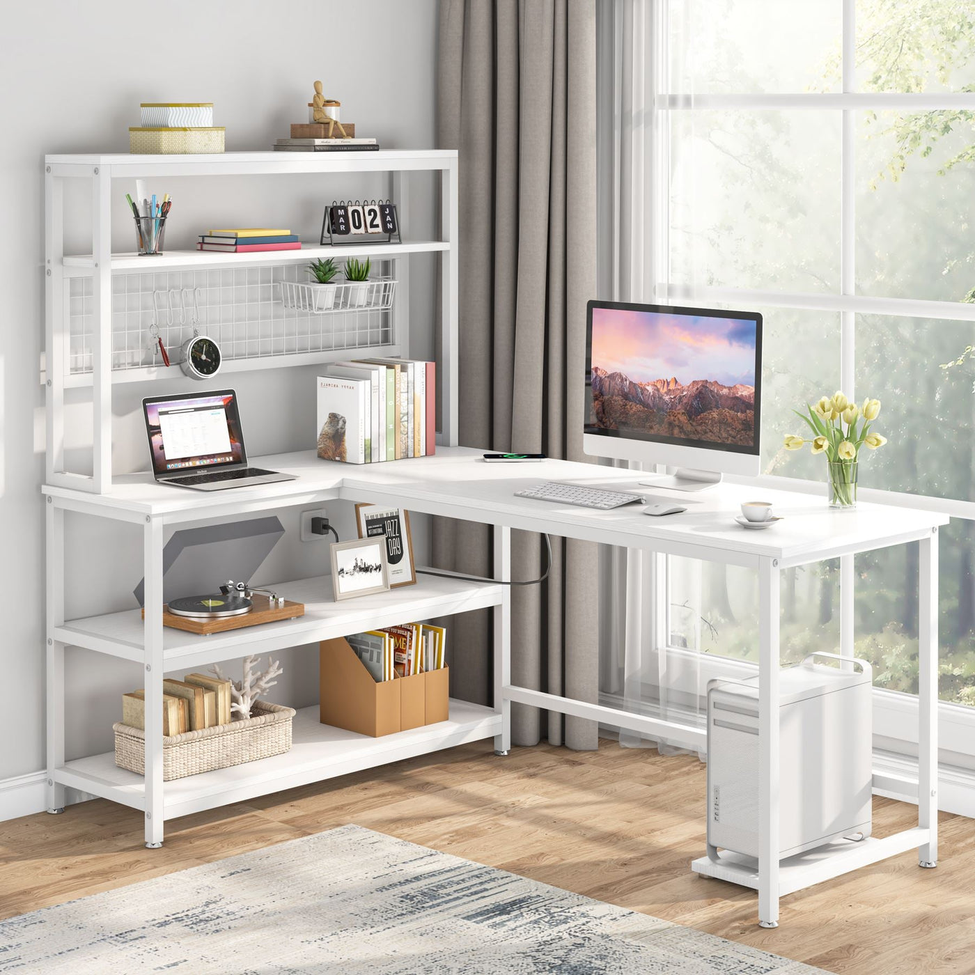 Tribesigns Reversible L-Shaped Desk with Wireless Charging & Shelves