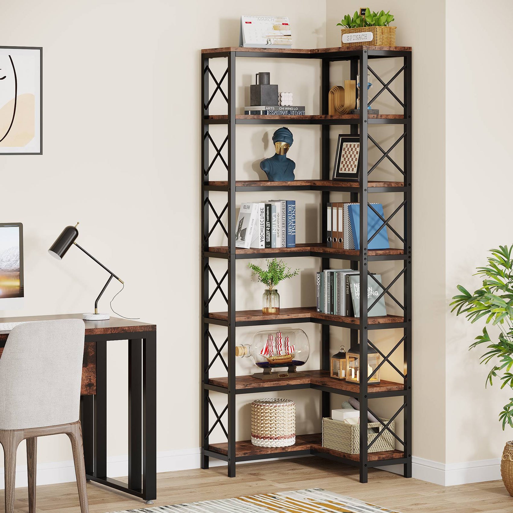 7 Tier Shelf & Corner Storage Shelf, Rustic Display Rack-Tribesigns