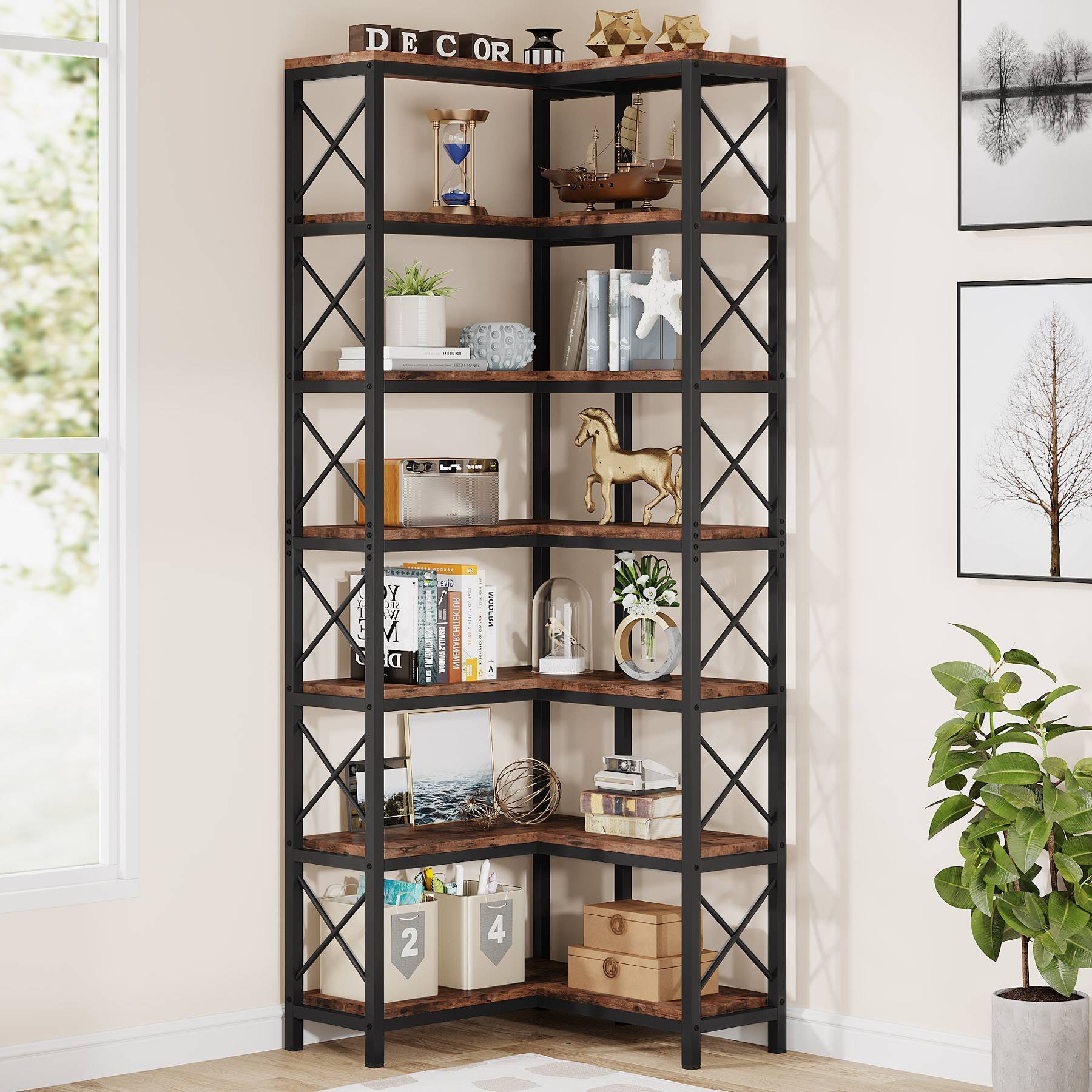 7 Tier Shelf & Corner Storage Shelf, Rustic Display Rack-Tribesigns