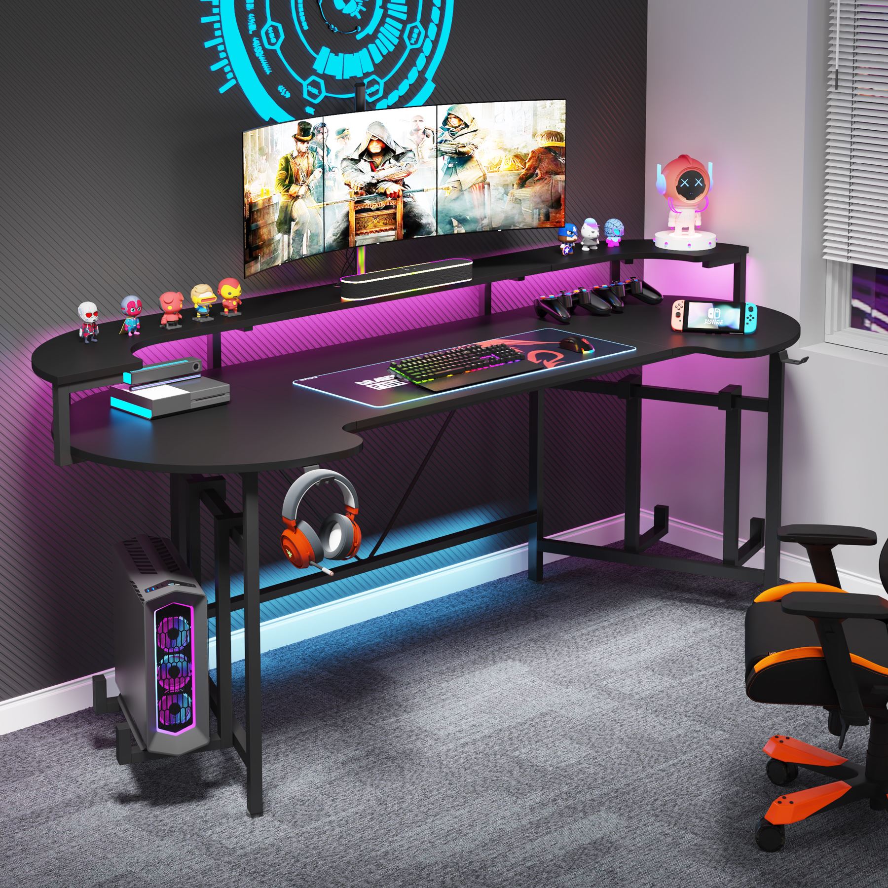 Tribesigns 75" Gaming Computer Desk with LED Strip & Monitor Shelf ...