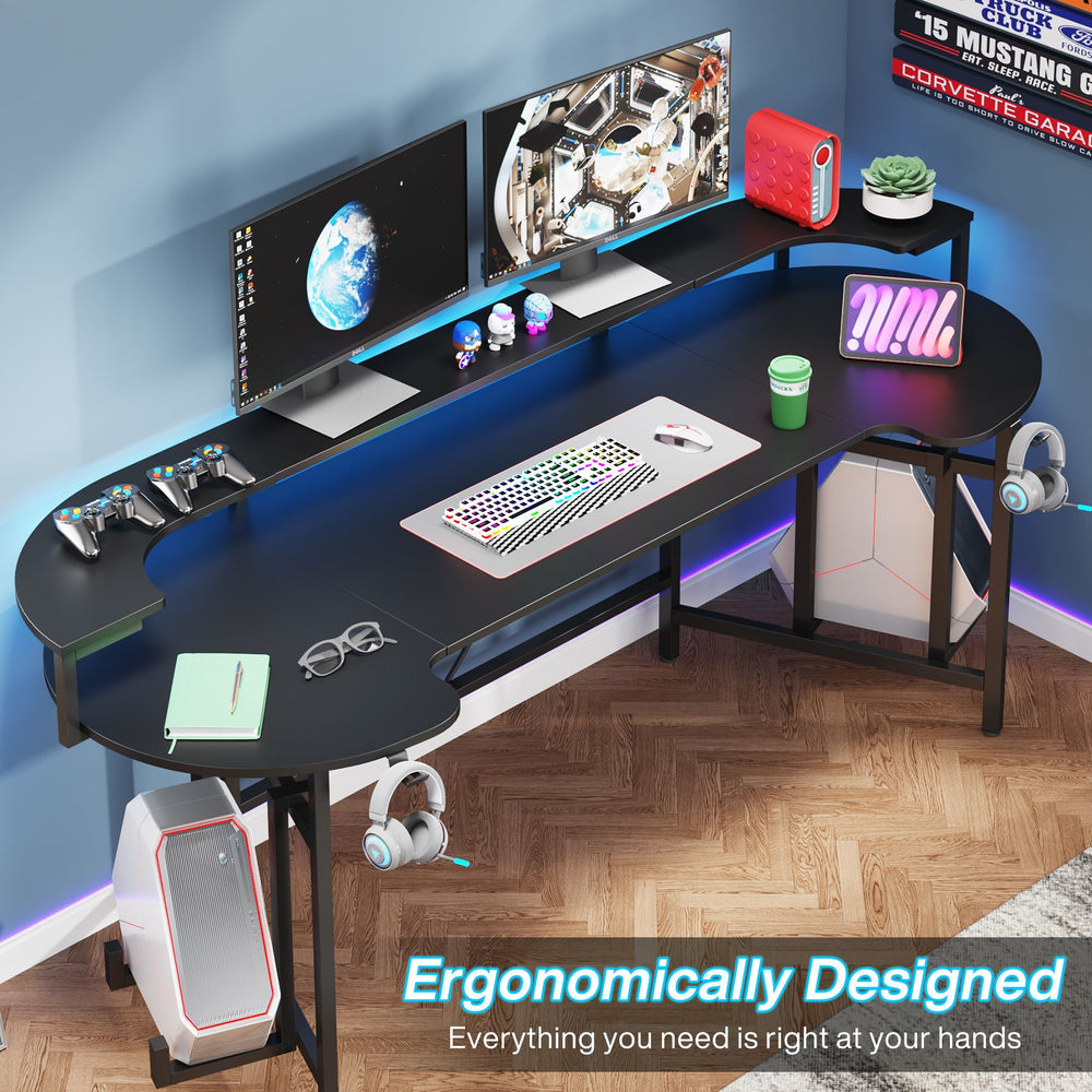 Tribesigns 75" Gaming Computer Desk with LED Strip & Monitor Shelf ...