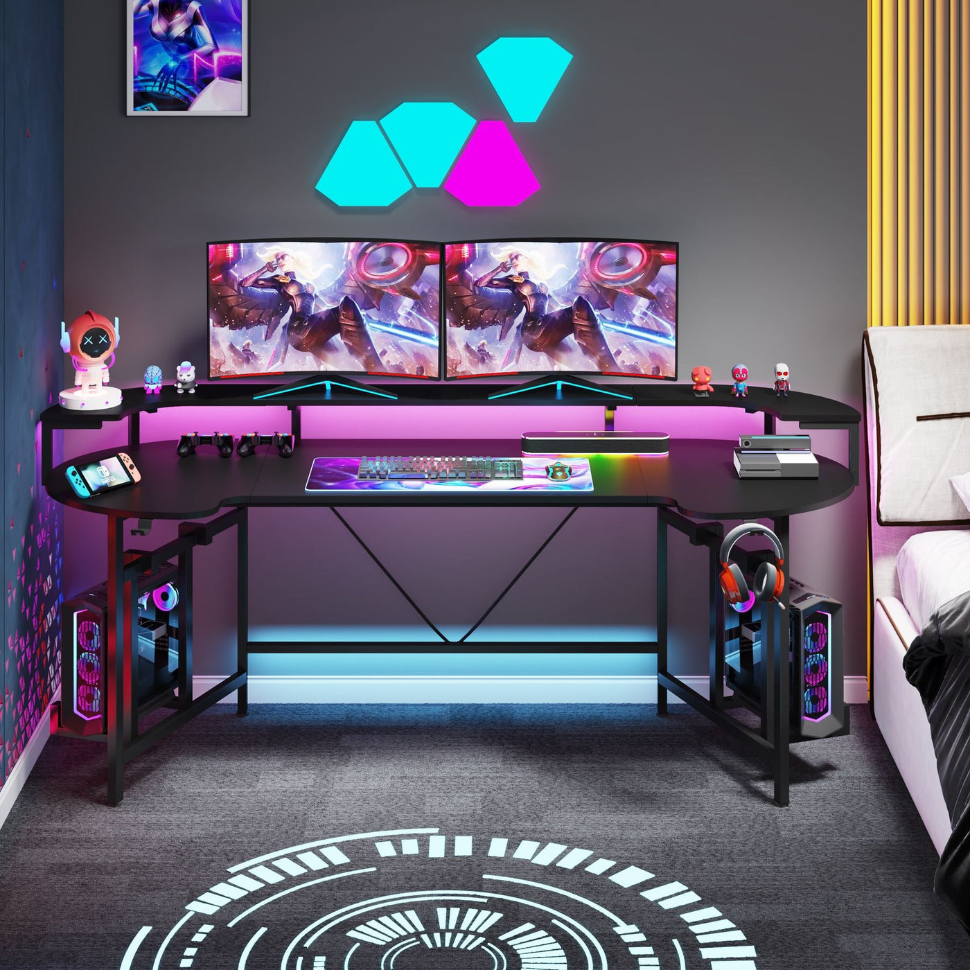 Tribesigns 75" Gaming Computer Desk with LED Strip & Monitor Shelf
